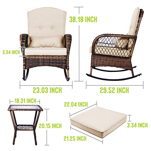 ENSTVER 3 Pieces Patio Conversation Set w/ 2 Rattan Wicker Rocking Chairs and Glass Table,for Garden Backyard Lown Porch (Beige)
