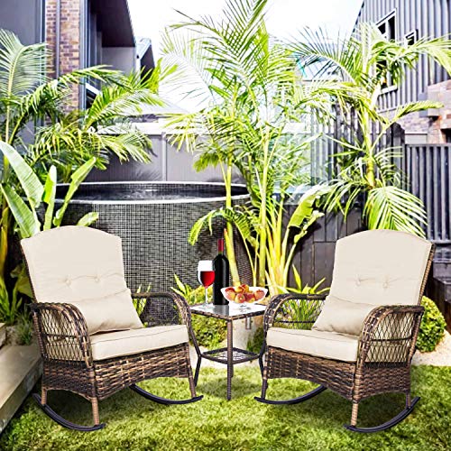 ENSTVER 3 Pieces Patio Conversation Set w/ 2 Rattan Wicker Rocking Chairs and Glass Table,for Garden Backyard Lown Porch (Beige)