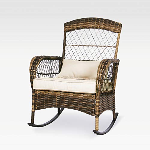 ENSTVER 3 Pieces Patio Conversation Set w/ 2 Rattan Wicker Rocking Chairs and Glass Table,for Garden Backyard Lown Porch (Beige)
