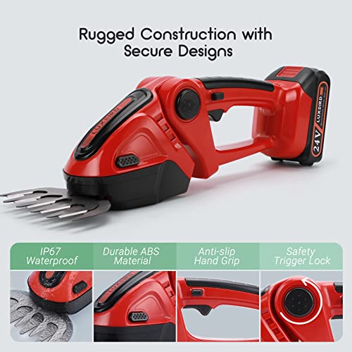 LUXBIRD Cordless Grass Shears, 2-in-1 Mini Hedge Trimmer Cordless,Light Handheld Grass Trimmer, Electric Shrub Trimmer with 2Pcs Rechargeable Batteries