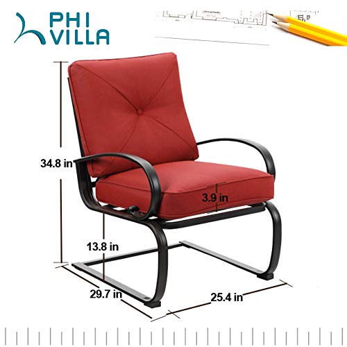 PHI VILLA Patio Spring Motion Metal Dining Chairs Set of 2, Patio Furniture Rocking Chairs with Removable Padded Cushion for Deck,Porch,Red
