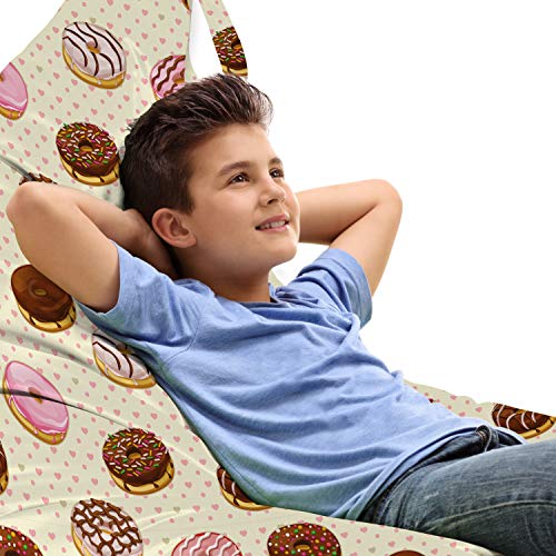 Lunarable Donut Lounger Chair Bag, Illustration of Round Tasty Desserts and Sprinkles on a Backdrop of Mini Hearts, High Capacity Storage with Handle Container, Lounger Size, Cream Multicolor