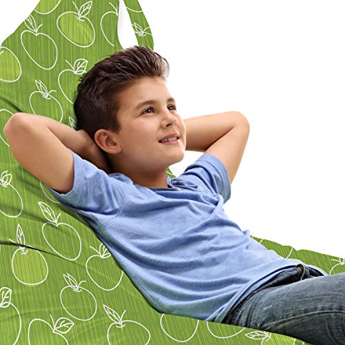Lunarable Green Lounger Chair Bag, Hand Drawn Doodle Apple Silhouettes on a Vertical Striped Background, High Capacity Storage with Handle Container, Lounger Size, Apple Green and White