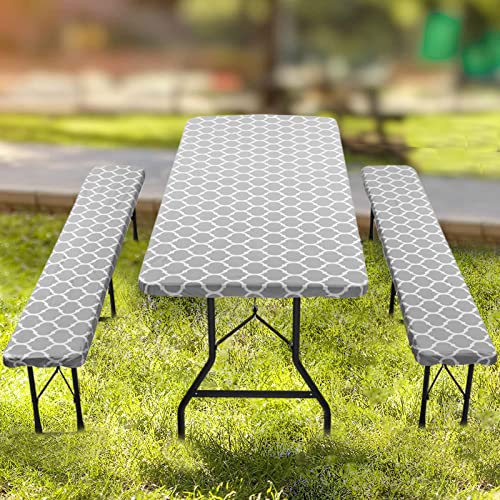3 Pieces Picnic Table and Bench Fitted Tablecloth Cover Picnic Table Cover with Bench Covers for Picnics Indoor and Outdoor Dining (Gray Moroccan Pattern)
