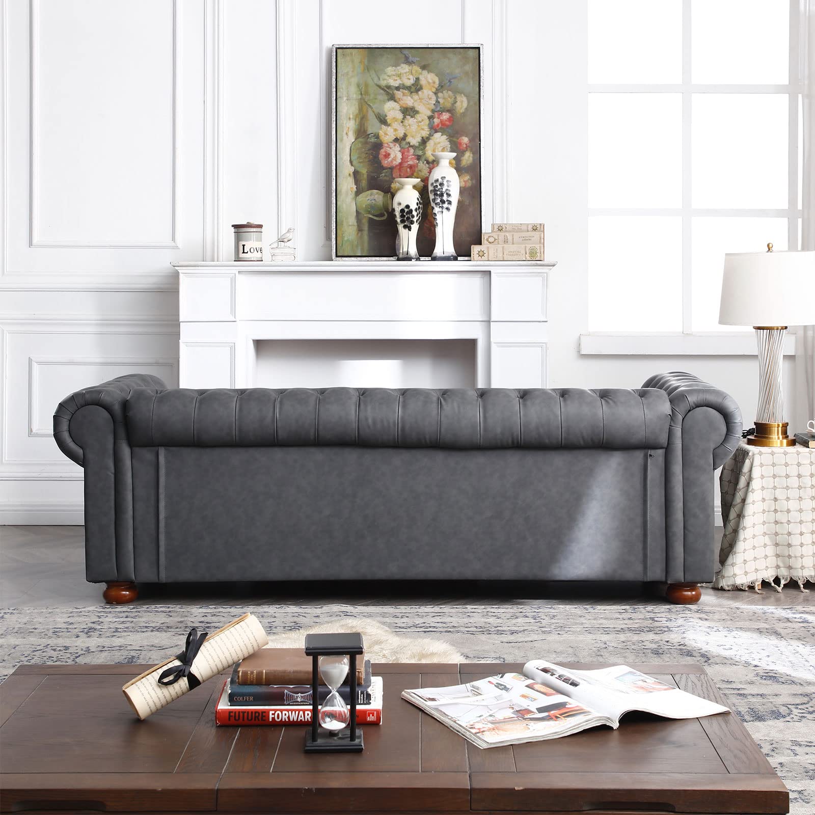 Neylory Leather Couches for Living Room, 3 Seater Classic Chesterfield Sofa Couch with Button Tufted Back and Roll Arms, 88.5-Inch Faux Leather Sofa with Nailhead Trim and Solid Wood Legs