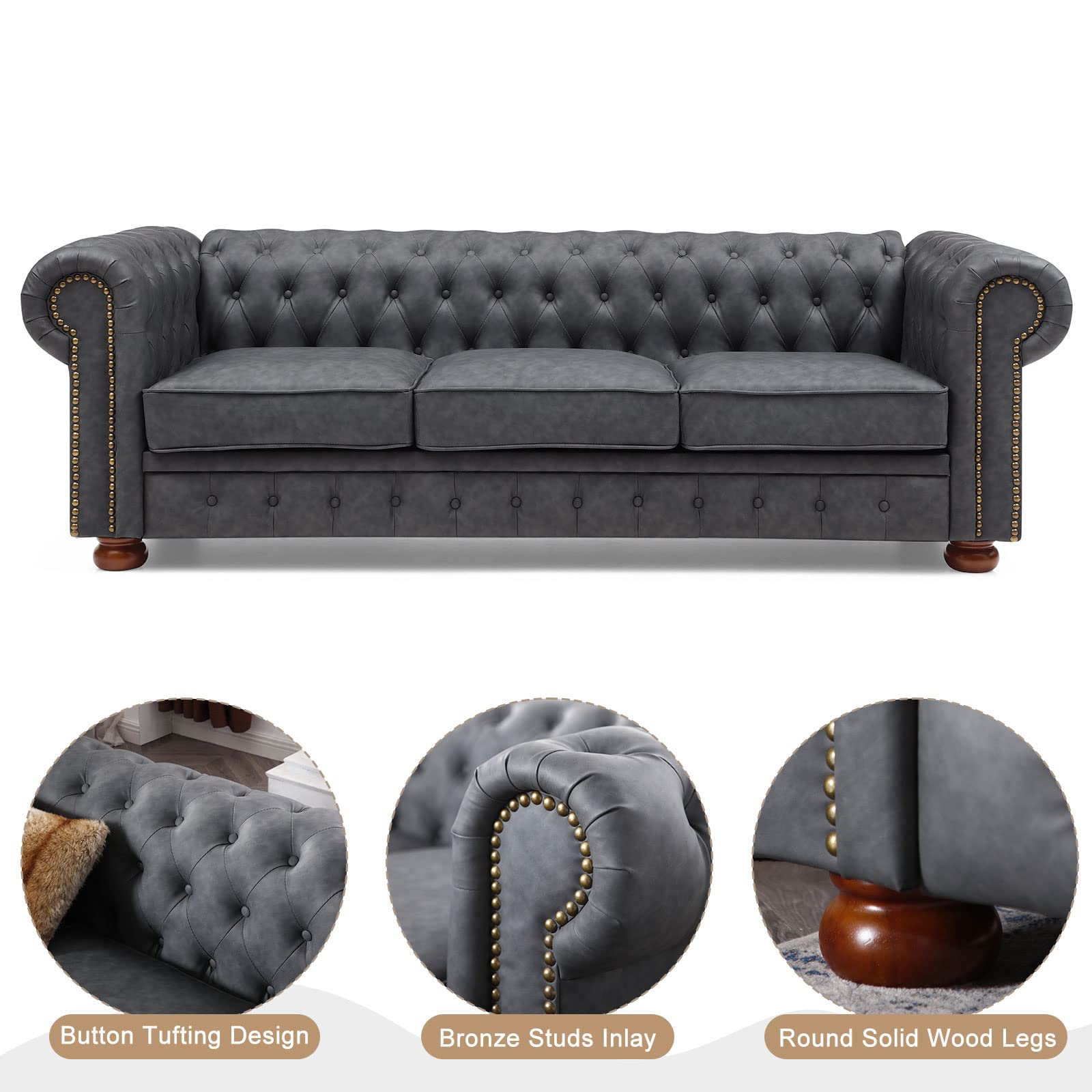 Neylory Leather Couches for Living Room, 3 Seater Classic Chesterfield Sofa Couch with Button Tufted Back and Roll Arms, 88.5-Inch Faux Leather Sofa with Nailhead Trim and Solid Wood Legs