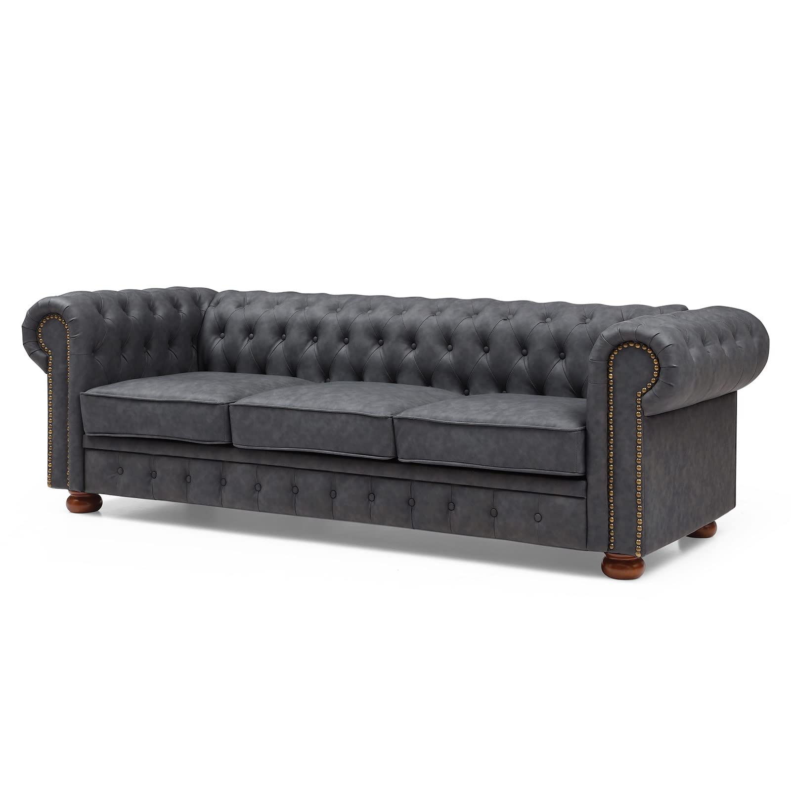 Neylory Leather Couches for Living Room, 3 Seater Classic Chesterfield Sofa Couch with Button Tufted Back and Roll Arms, 88.5-Inch Faux Leather Sofa with Nailhead Trim and Solid Wood Legs