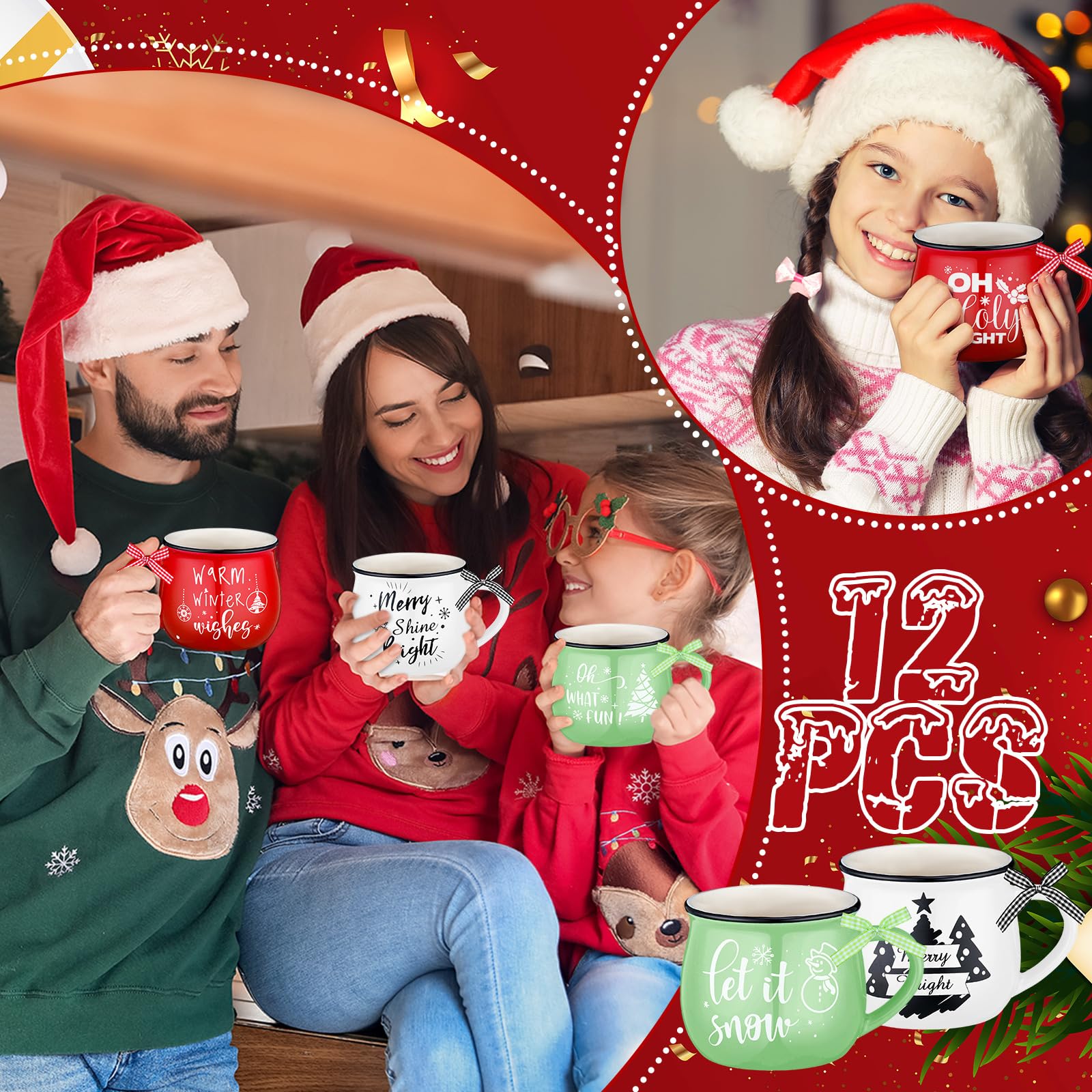 Suttmin 12 Pcs Ceramic Christmas Mugs Set 12 Oz Christmas Coffee Mugs with Ribbon Christmas Cups for Tea and Coffee Xmas Holiday Gift Tiered Tray Decor for Hot Cocoa Kitchen Table, Red, Green, White