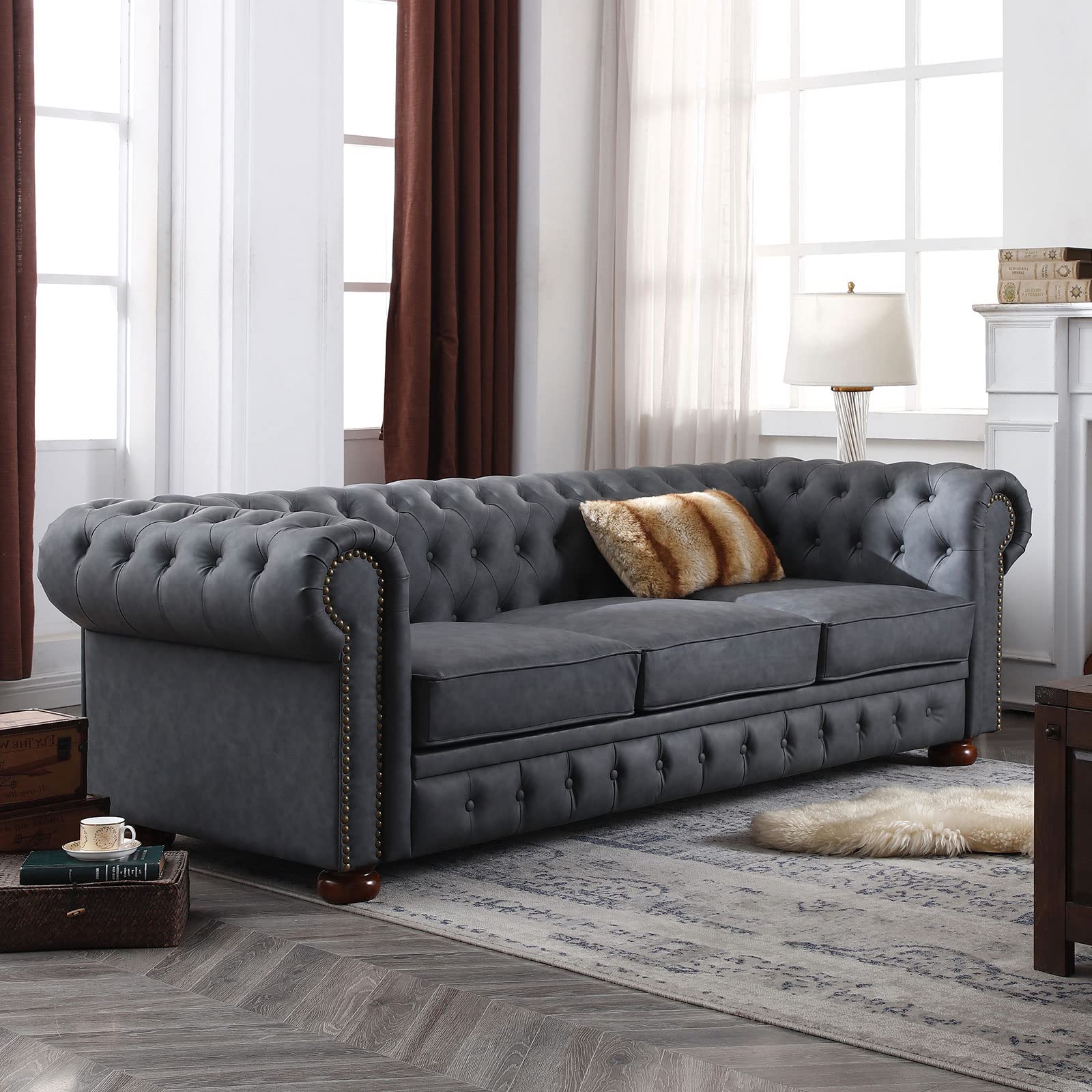 Neylory Leather Couches for Living Room, 3 Seater Classic Chesterfield Sofa Couch with Button Tufted Back and Roll Arms, 88.5-Inch Faux Leather Sofa with Nailhead Trim and Solid Wood Legs