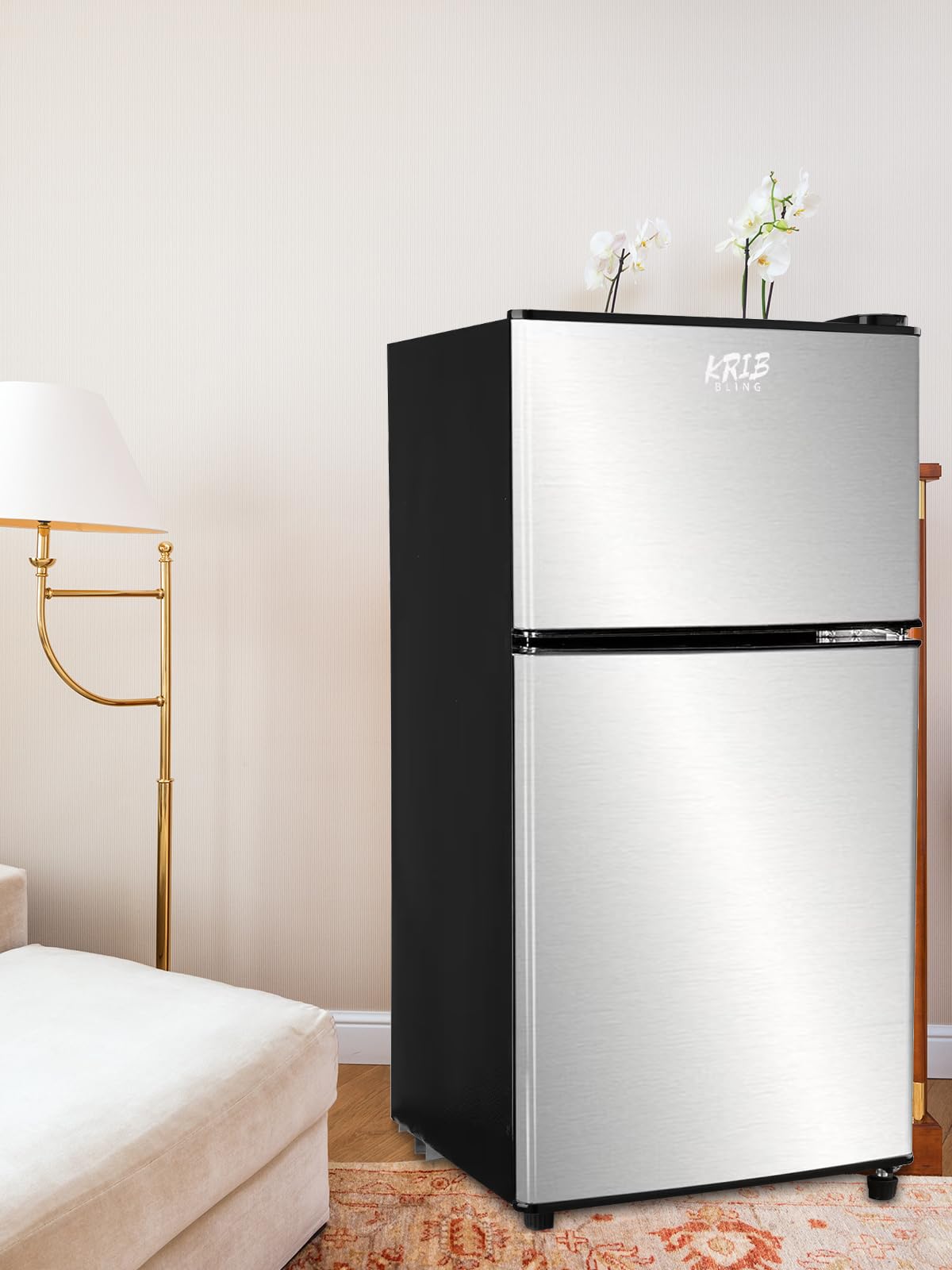 KRIB BLING Mini Fridge, Compact Refrigerator Small Refrigerator 7 Level Adjustable Thermostat Removable Shelves with Stainless Steel 2 door for Office Dorm Apartment 3.5 Cu.Ft Silver