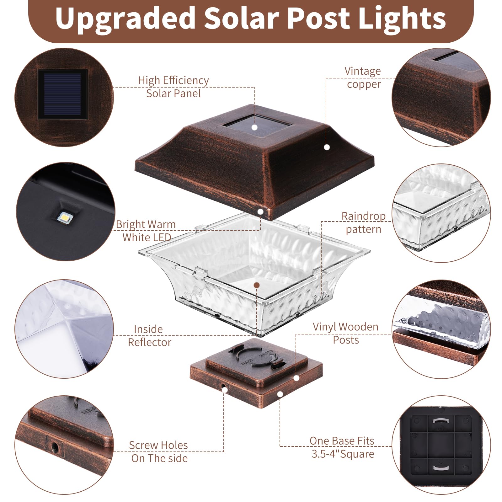 SUNWIND Solar Post Cap Lights Outdoor 4x4 LED Solar Garden Lighting Deck Fence Cap Light Wooden Post Brushed Copper 4 Pack