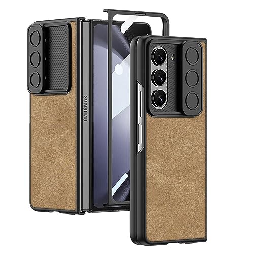 Case for Samsung Galaxy Z Fold 5,Retro Shockproof Slim PU Leather Lightweight Protective Case Slide Lens Cover with Screen Protector for Samsung Galaxy Z Fold 5 2023(Brown)