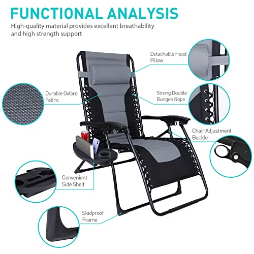 F2C Padded Zero Gravity Chair, Adjustable Foldable Patio Reclining Lounge Chair with Headrest Pillow Side Cup Holder Tray for Outdoor, Deck, Patio, Beach Yard Poolside, Black Gray…