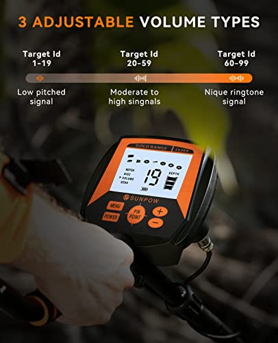 SUNPOW Metal Detector for Adults, Professional Waterproof High Accuracy Metal Detector, 10'' Detection Depth, Pinpoint & Disc & Notch & All Metal & Volume 5 Modes, Strong Anti-Interference-GC-1083