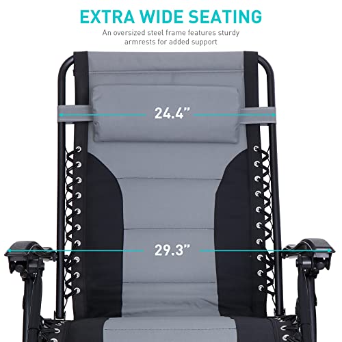 F2C Padded Zero Gravity Chair, Adjustable Foldable Patio Reclining Lounge Chair with Headrest Pillow Side Cup Holder Tray for Outdoor, Deck, Patio, Beach Yard Poolside, Black Gray…