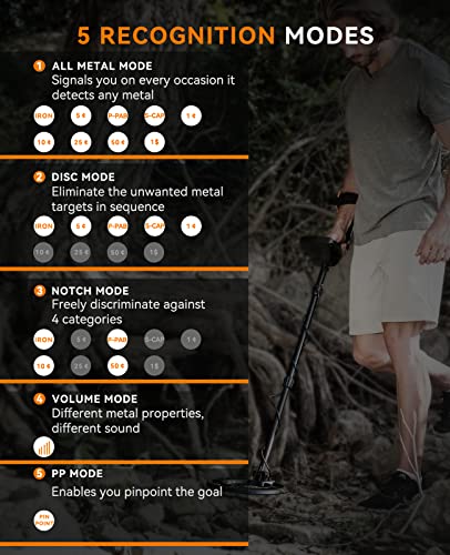 SUNPOW Metal Detector for Adults, Professional Waterproof High Accuracy Metal Detector, 10'' Detection Depth, Pinpoint & Disc & Notch & All Metal & Volume 5 Modes, Strong Anti-Interference-GC-1083