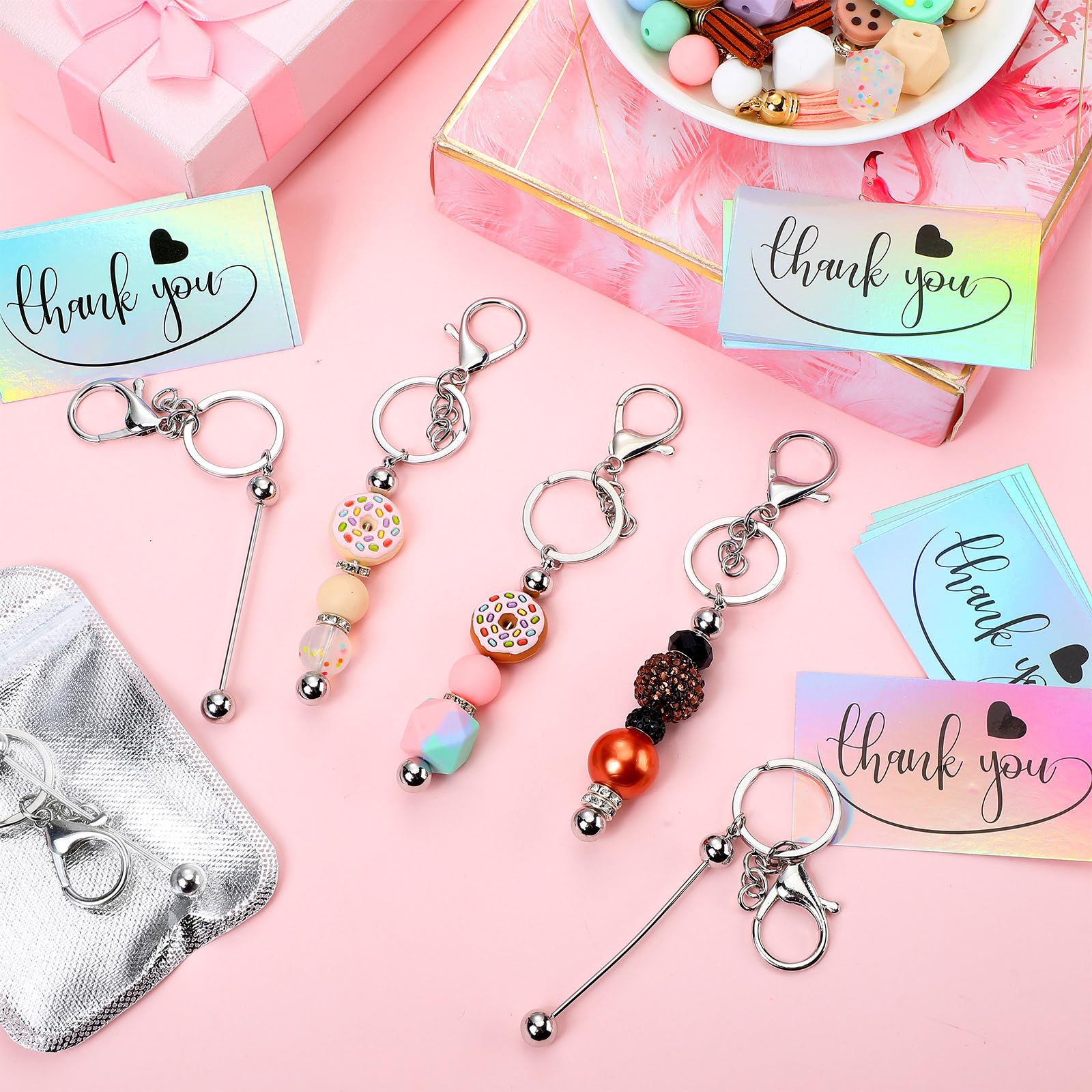 Sasylvia 30 Sets Beadable Keychain Kits Beaded Keychain Bars Resealable Pouch Bag Thank You Cards for DIY Crafts Jewelry Making