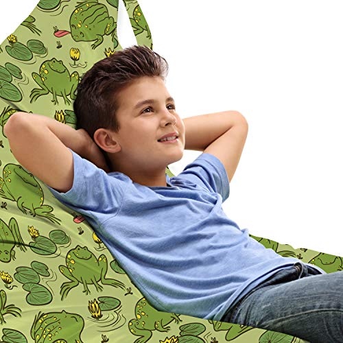 Lunarable Frogs Lounger Chair Bag, Childish Hand-Drawing with Green Happy Amphibians on a Floral Pond, High Capacity Storage with Handle Container, Lounger Size, Pale Green Fern Green