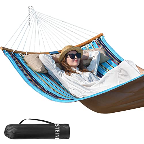 Double Hammock, 11 FT Quilted Fabric 2 Person Hammock for Outside with Pillow, Folding Curved Spreader Bar, Chains, Carrying Bag, Indoor Outdoor, 450 IB Capacity, Royal Blue
