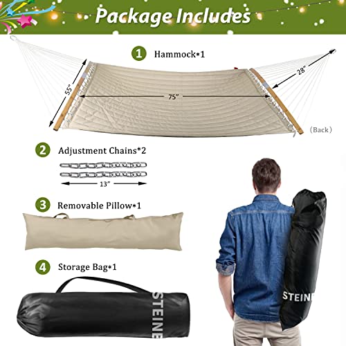 Double Hammock, 11 FT Quilted Fabric 2 Person Hammock for Outside with Pillow, Folding Curved Spreader Bar, Chains, Carrying Bag, Indoor Outdoor, 450 IB Capacity, Royal Blue