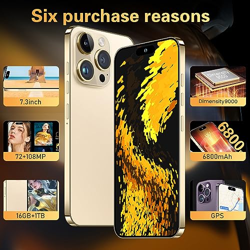 RAYPUR i14 Pro Max Smartphone, 2023 New 7.3Inch HD Screen Face ID, 16GB 1TB Cell Phone, Global Version 4G/5G, 7800mAh Battery Mobile Phones,Black-1TB