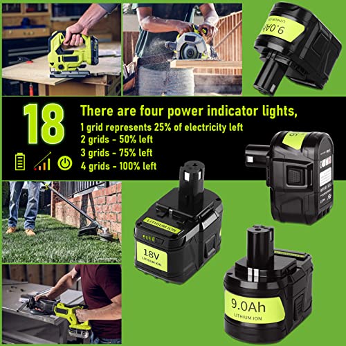 Jialitt 9.0Ah Li-ion P108 Replacement Battery for Ryobi 18V ONE+ P102 P103 P105 P107 P108 P109 Cordless Tool Battery with LED Indicator