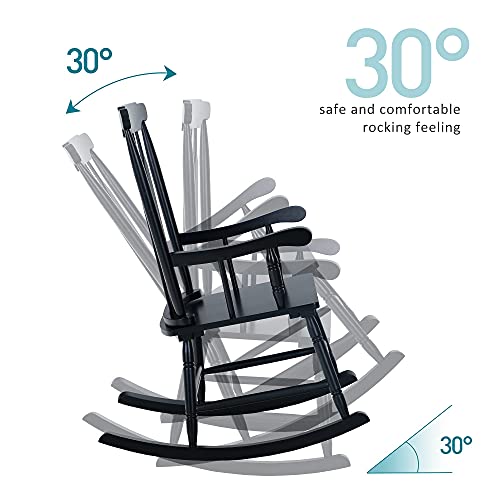 PHI VILLA Outdoor Wood Rocking Chair, Oversized Acacia Wood Slat Back Rocker Chairs for Patio, Deck, Balcony, Porch and Indoor, 30° Safe Recline Support 350 lbs - Black