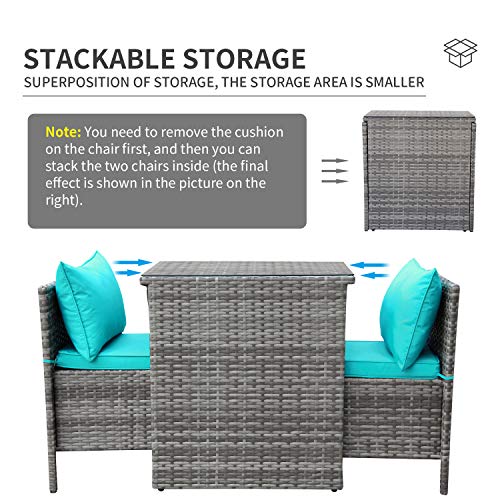 3 Piece Outdoor PE Rattan Furniture Bistro Set Patio Wicker Conversation Chair with Glass Top Table Space Saving Design, Turquoise Cushion
