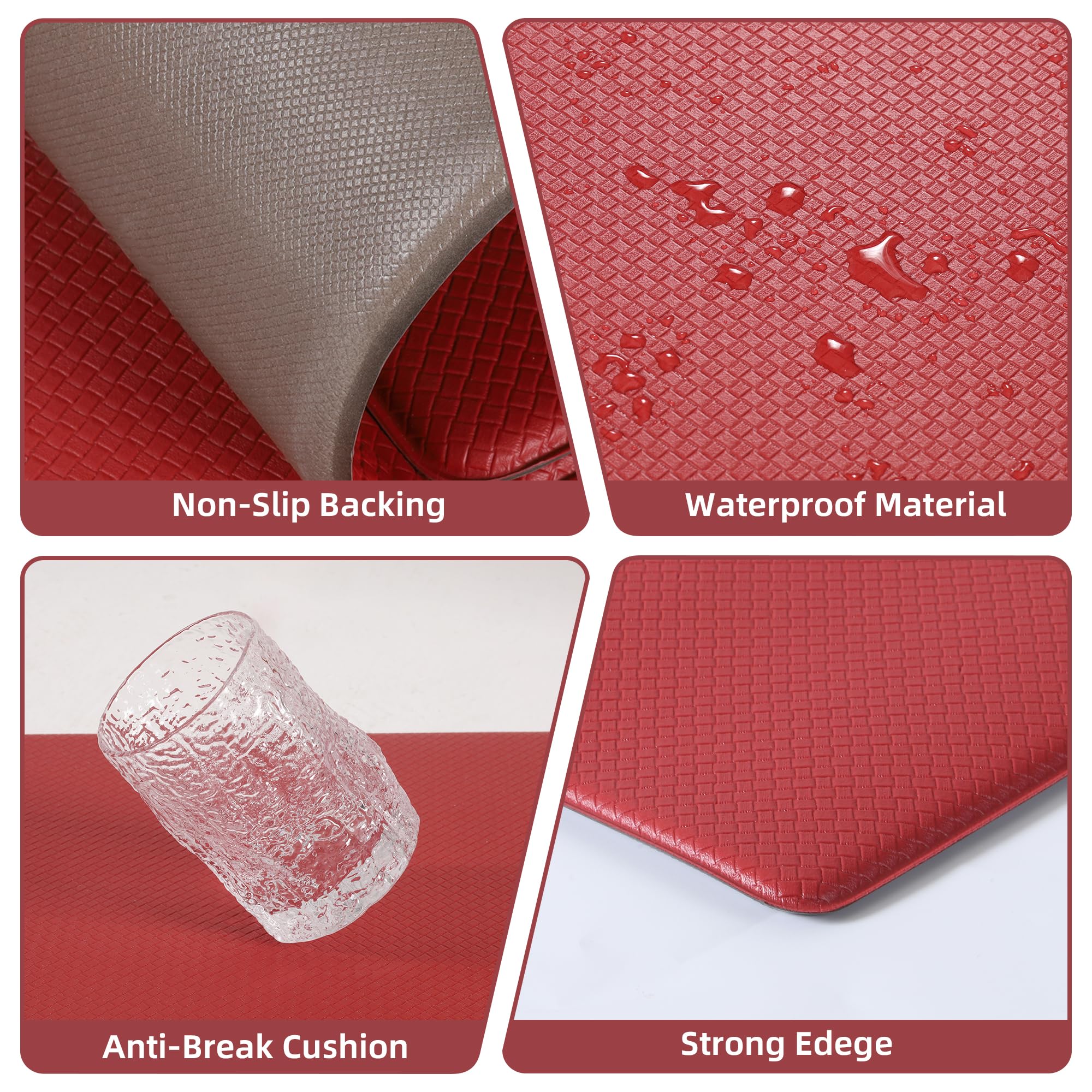 Cenivi 2PCS Kitchen Rugs, Red Kitchen Mat, 47 Inches Cushioned Anti-Fatigue Kitchen Rug, Kitchen Mats for Floor, Non-Slip Kitchen Rugs Sets of 2, Waterproof Kitchen Mat 17.3"×30"+17.3"×47"