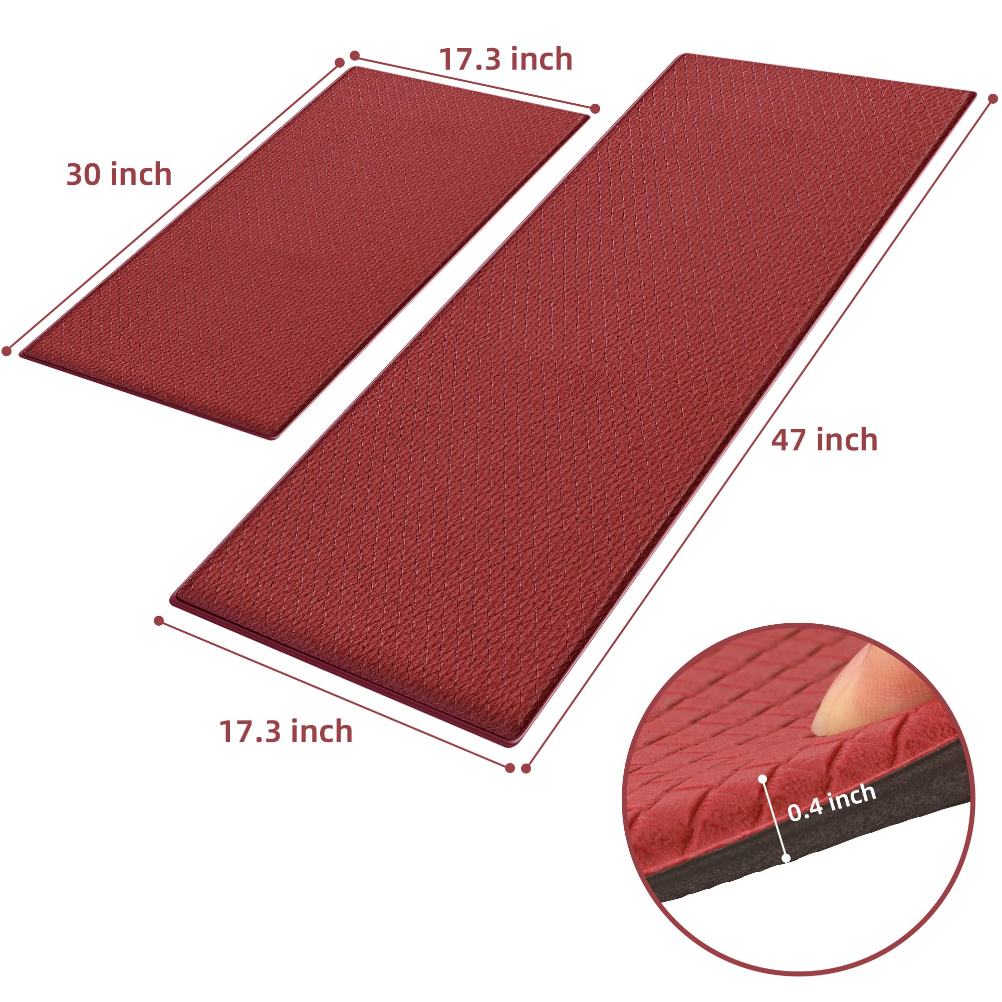 Cenivi 2PCS Kitchen Rugs, Red Kitchen Mat, 47 Inches Cushioned Anti-Fatigue Kitchen Rug, Kitchen Mats for Floor, Non-Slip Kitchen Rugs Sets of 2, Waterproof Kitchen Mat 17.3"×30"+17.3"×47"