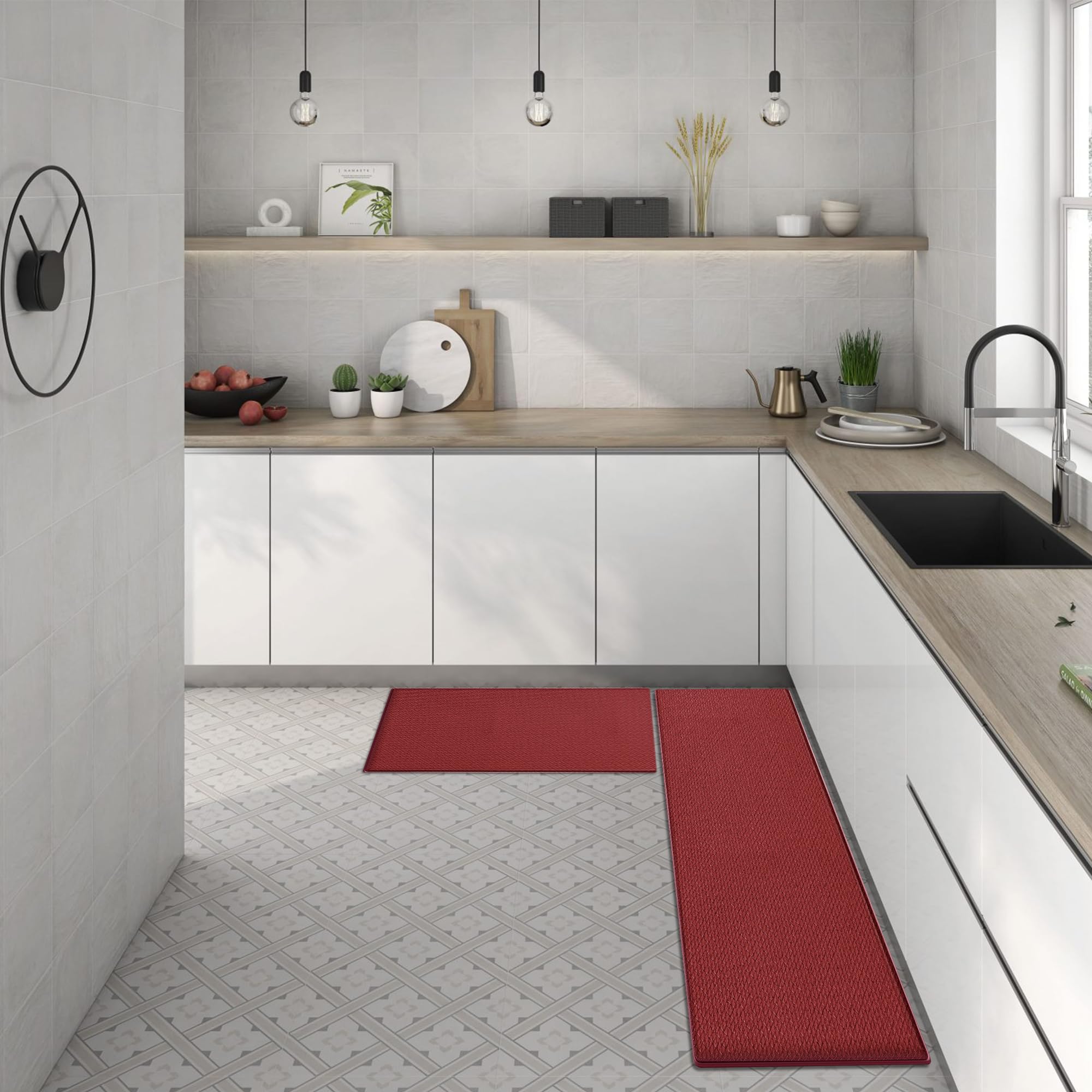 Cenivi 2PCS Kitchen Rugs, Red Kitchen Mat, 47 Inches Cushioned Anti-Fatigue Kitchen Rug, Kitchen Mats for Floor, Non-Slip Kitchen Rugs Sets of 2, Waterproof Kitchen Mat 17.3"×30"+17.3"×47"