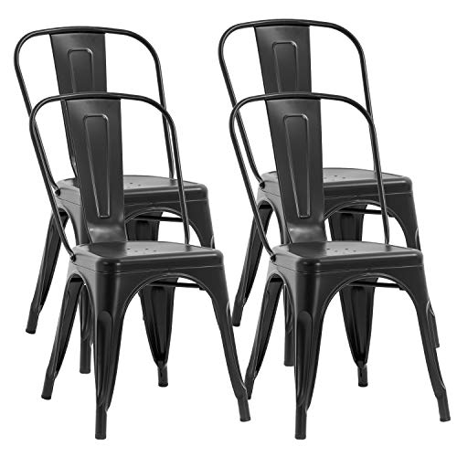 Metal Dining Chairs Set of 4 Stackable Metal Chairs Room Chair Vintage Patio Chair with Back 18 Inches Seat Height Kitchen Chair Tolix Restaurant Chairs Stackable Trattoria Indoor Outdoor Chair Black