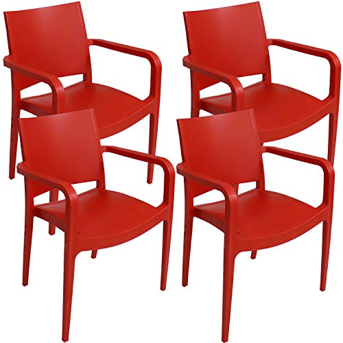 Sunnydaze Landon Plastic Patio Dining Armchair Seat - Modern Design - Deck, Lawn and Garden Seat - Indoor or Outdoor Use - Commercial Grade All-Weather - Red - 4 Chairs