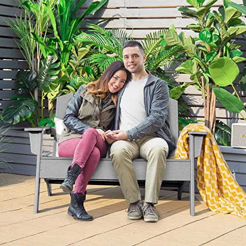 Giantex Adirondack Chair Outdoor Loveseat, High Density Polyethylene HDPE Material Adirondack Chairs Set of 2 People, Patio Adirondack Bench for Porch, Garden, Backyard Fire Pit Chair (1, Gray)