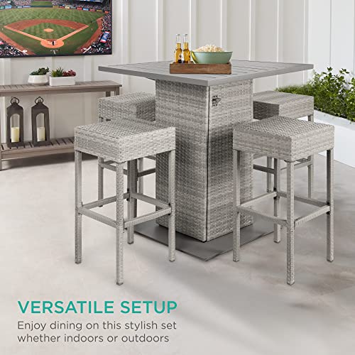 Best Choice Products 5-Piece Outdoor Wicker Bar Table Set for Patio, Poolside, Backyard w/Built-in Bottle Opener, Hidden Storage Shelf, Metal Tabletop, 4 Stools - Gray