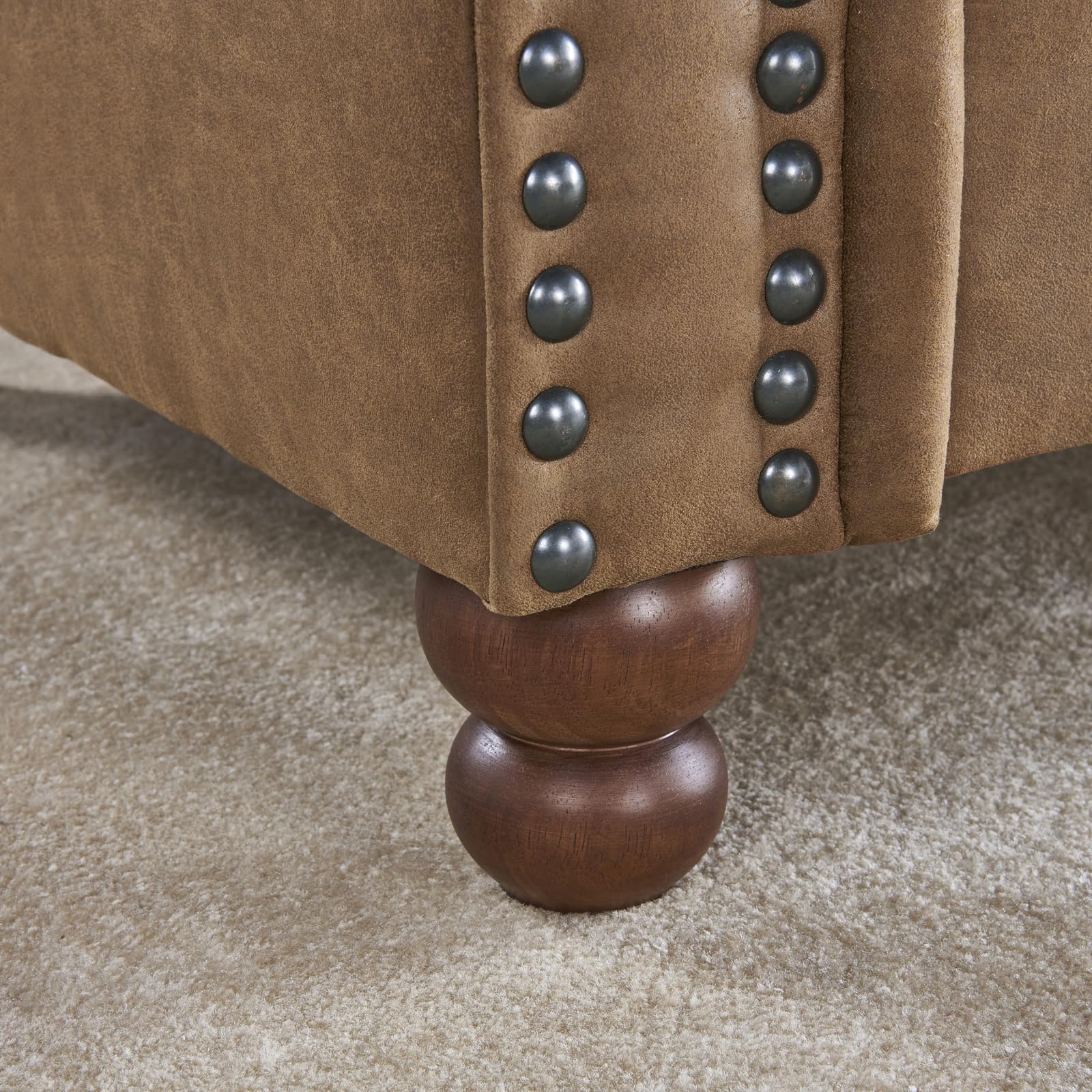 RUNOLIG Chesterfield Sofa, Vintage Tufted Couch with Button Tufted Back and Roll Arms, 3 Seater Couch with Nailhead Trim and Solid Wood Legs, Upholstered Sofas for Living Room, Apartment (Brown)