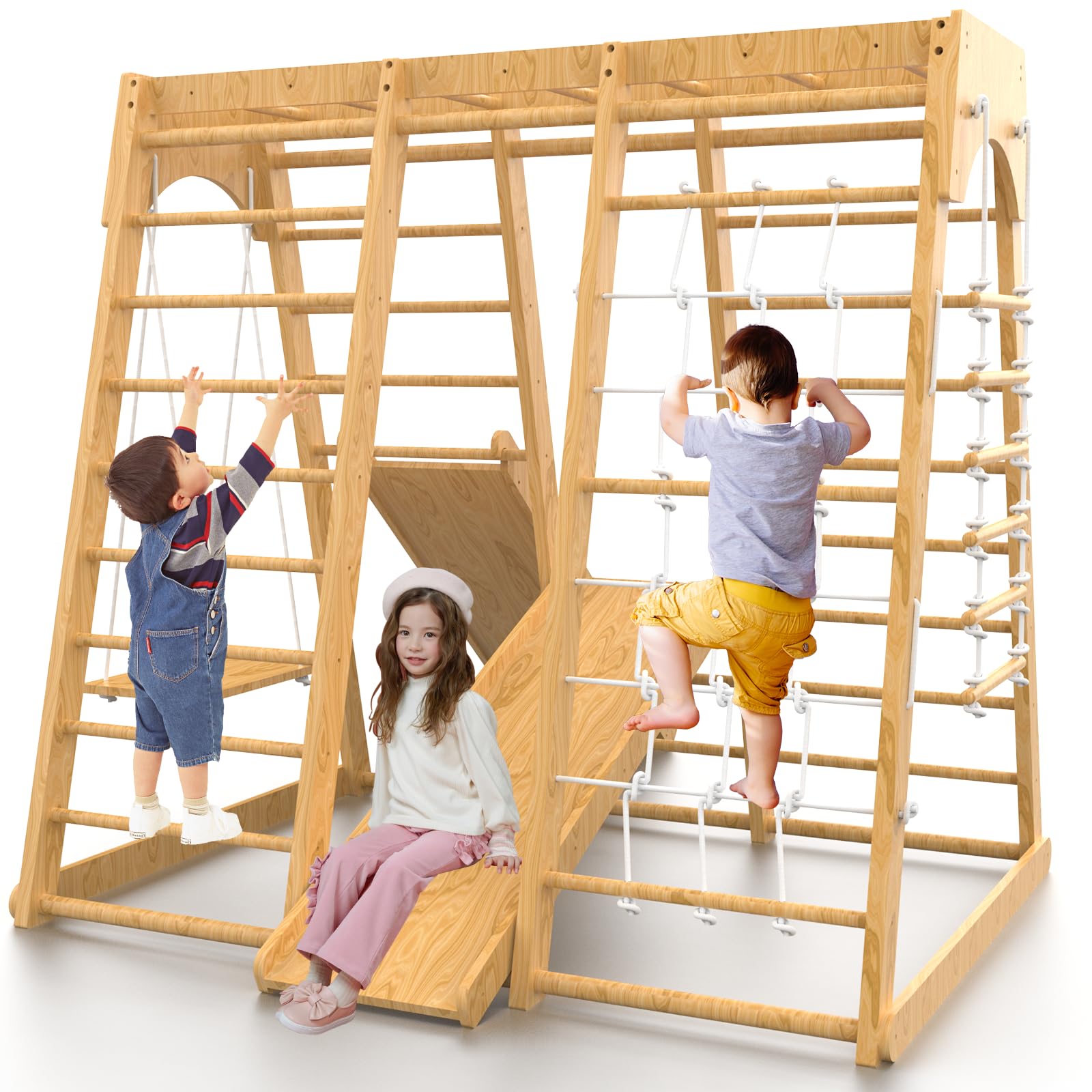 Baby Climbing Toys Indoor, 66inch Indoor Jungle Gym, Toddler Indoor Playground Set 8-in-1 with Armband, Swing, Monkey Bar, Slide, Rock Climb Wall, Wood & Rope Ladder, Rope Wall Ladder for Kids 1-8yrs