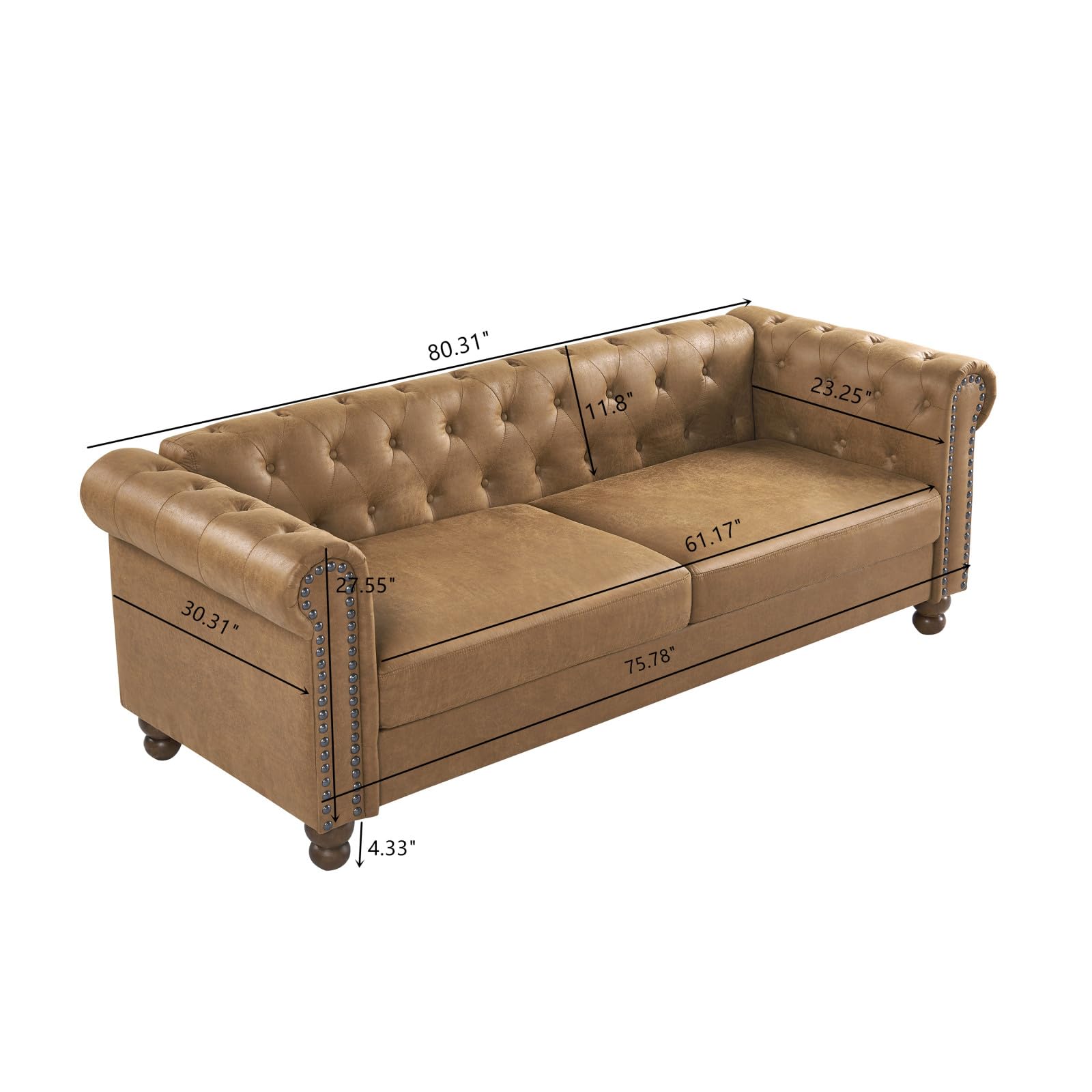 RUNOLIG Chesterfield Sofa, Vintage Tufted Couch with Button Tufted Back and Roll Arms, 3 Seater Couch with Nailhead Trim and Solid Wood Legs, Upholstered Sofas for Living Room, Apartment (Brown)