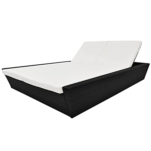 EstaHome Outdoor Lounge Bed with Cushion | Adjustable Rattan Patio Daybed | 2-Person Outdoors Sunbed | Garden Sun Lounge Bed | Sofabed for Outside Backyard Yard Pool Beach | Black Poly Rattan