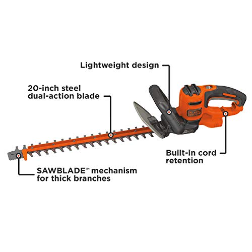 BLACK+DECKER Hedge Trimmer with Saw, 20-Inch, Corded (BEHTS300),Orange