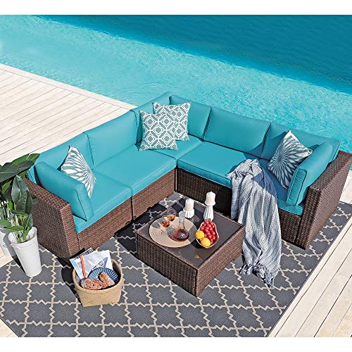 OC Orange-Casual 2 Piece Patio Sectional Furniture Set Outdoor Armchair & Middle Sofa with Brown Wicker & Turquoise Cushion for Backyard, Poolside, Garden