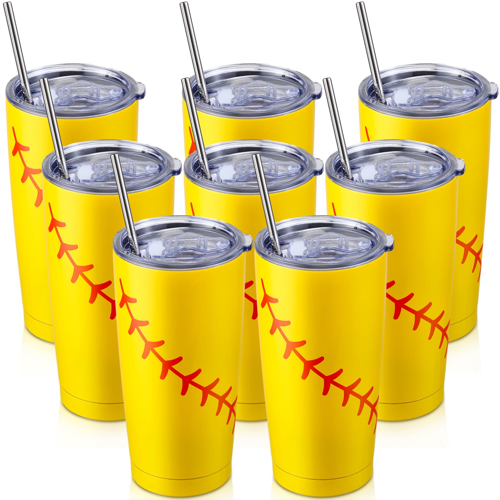 Suclain 8 Pcs Softball Insulated Tumbler with Lid and Straws 20 oz Baseball Tumbler Softball Coach Cup Double Wall Vacuum Stainless Steel Cup Travel Coffee Mug for Home Office Party (Ice Bully)