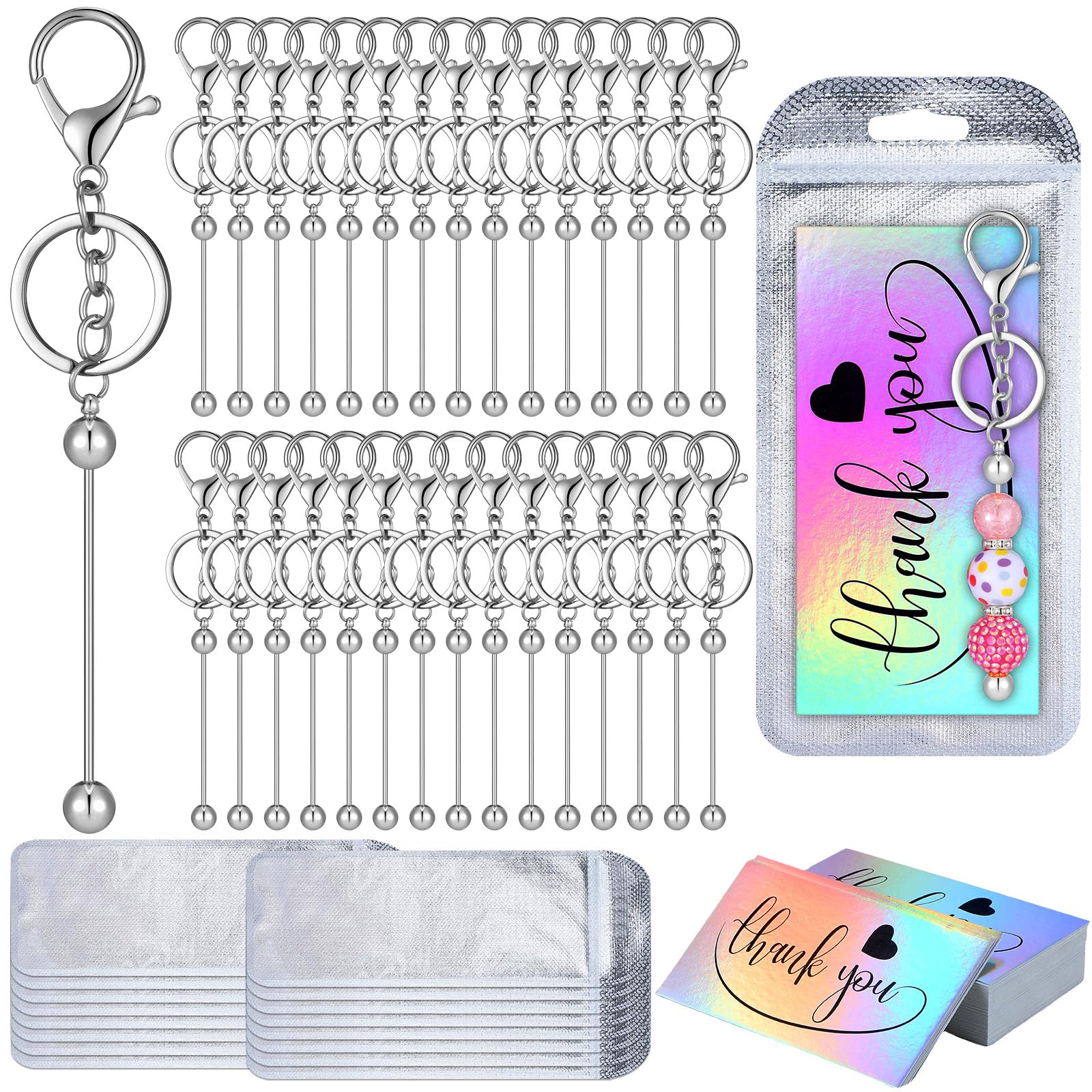 Sasylvia 30 Sets Beadable Keychain Kits Beaded Keychain Bars Resealable Pouch Bag Thank You Cards for DIY Crafts Jewelry Making