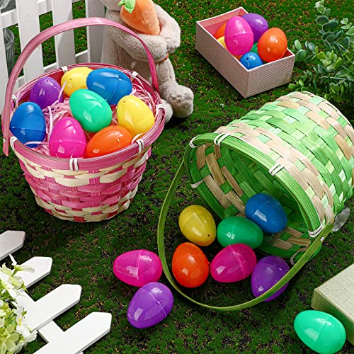 4 Set Large Easter Basket Bulk with 24 Pcs Easter Eggs, Handle Round Bamboo Woven Basket with Plastic Easter Eggs and 4 Pcs Colored Raffia Grass for Kids Baby Easter Bunny Party Supplies