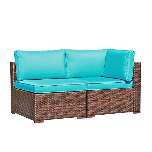 OC Orange-Casual 2 Piece Patio Sectional Furniture Set Outdoor Armchair & Middle Sofa with Brown Wicker & Turquoise Cushion for Backyard, Poolside, Garden