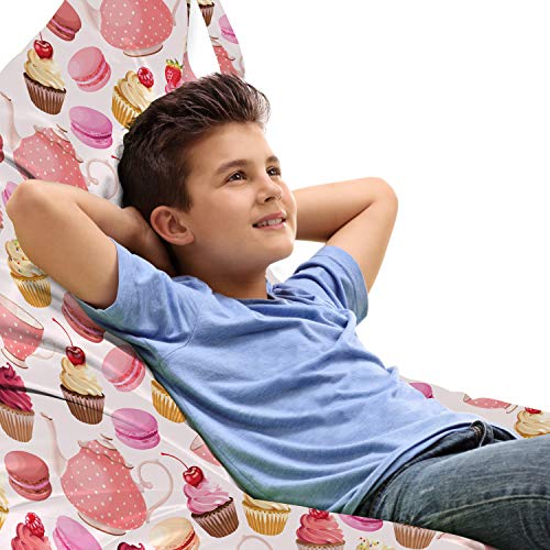 Lunarable Retro Lounger Chair Bag, Teaparty with Cupcakes Macarons Teapot and Cups Cherries Berries Polka Dots, High Capacity Storage with Handle Container, Lounger Size, Pink Cream Brown