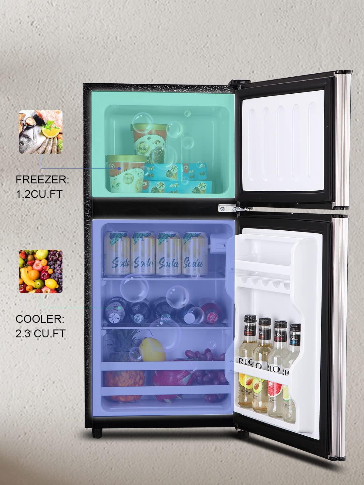 KRIB BLING Mini Fridge, Compact Refrigerator Small Refrigerator 7 Level Adjustable Thermostat Removable Shelves with Stainless Steel 2 door for Office Dorm Apartment 3.5 Cu.Ft Silver
