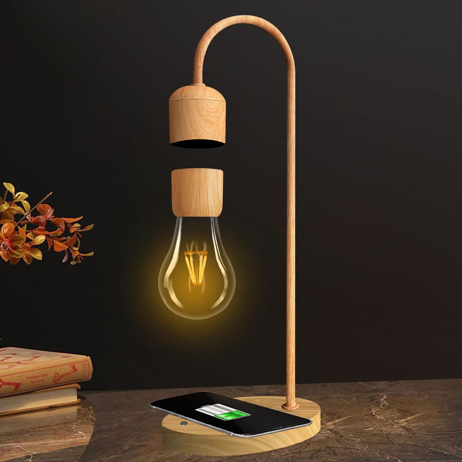Floatidea Magnetic Levitating Lamp with Wireless Phone Charging Pad Floating Light Bulb LED Night Light Wood Grain Table Lamp Levitation Desk Lamp for Office Home Decoration Christmas Gift