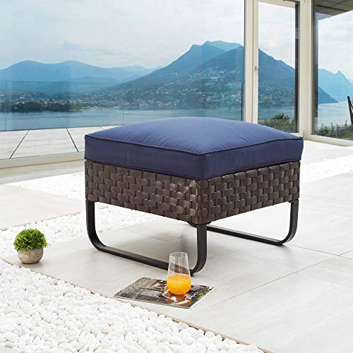 Romayard Outdoor Wicker Ottoman Patio Footstool Rattan Furniture Coffee Table All Weather Foot stools Seat with Cushion