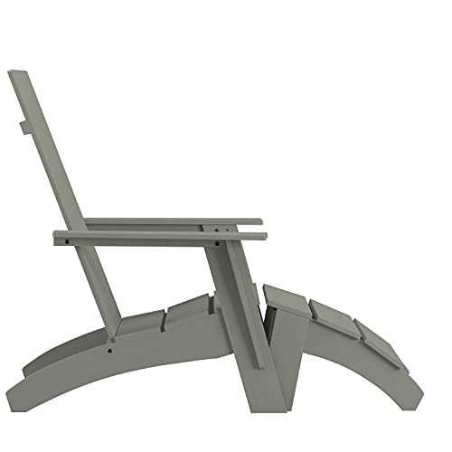 BizChair Set of 2 Modern All-Weather Poly Resin Wood Adirondack Chairs with Foot RestsĀ in Gray